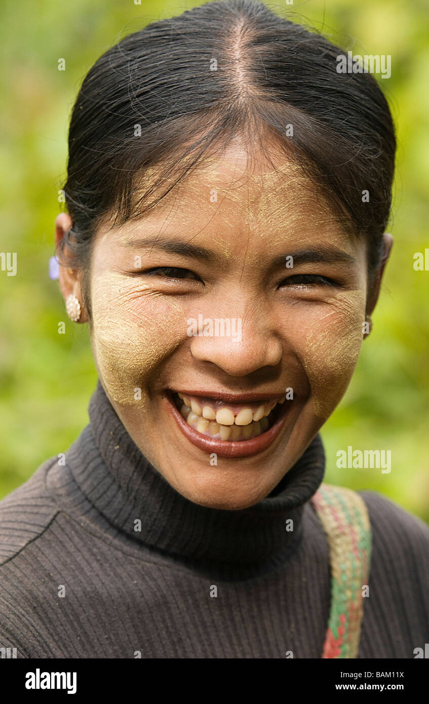 Myanmar (Burma), Shan State, near Kalaw, young peasant girl with tanaka ...