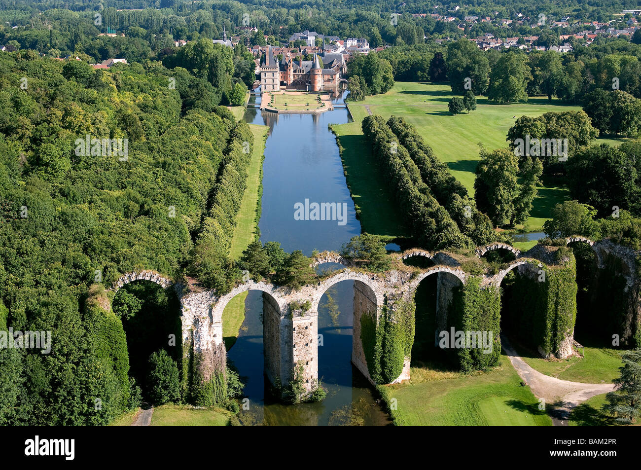 France, Eure et Loir, the aqueduct and the castle of Maintenon (aerial ...
