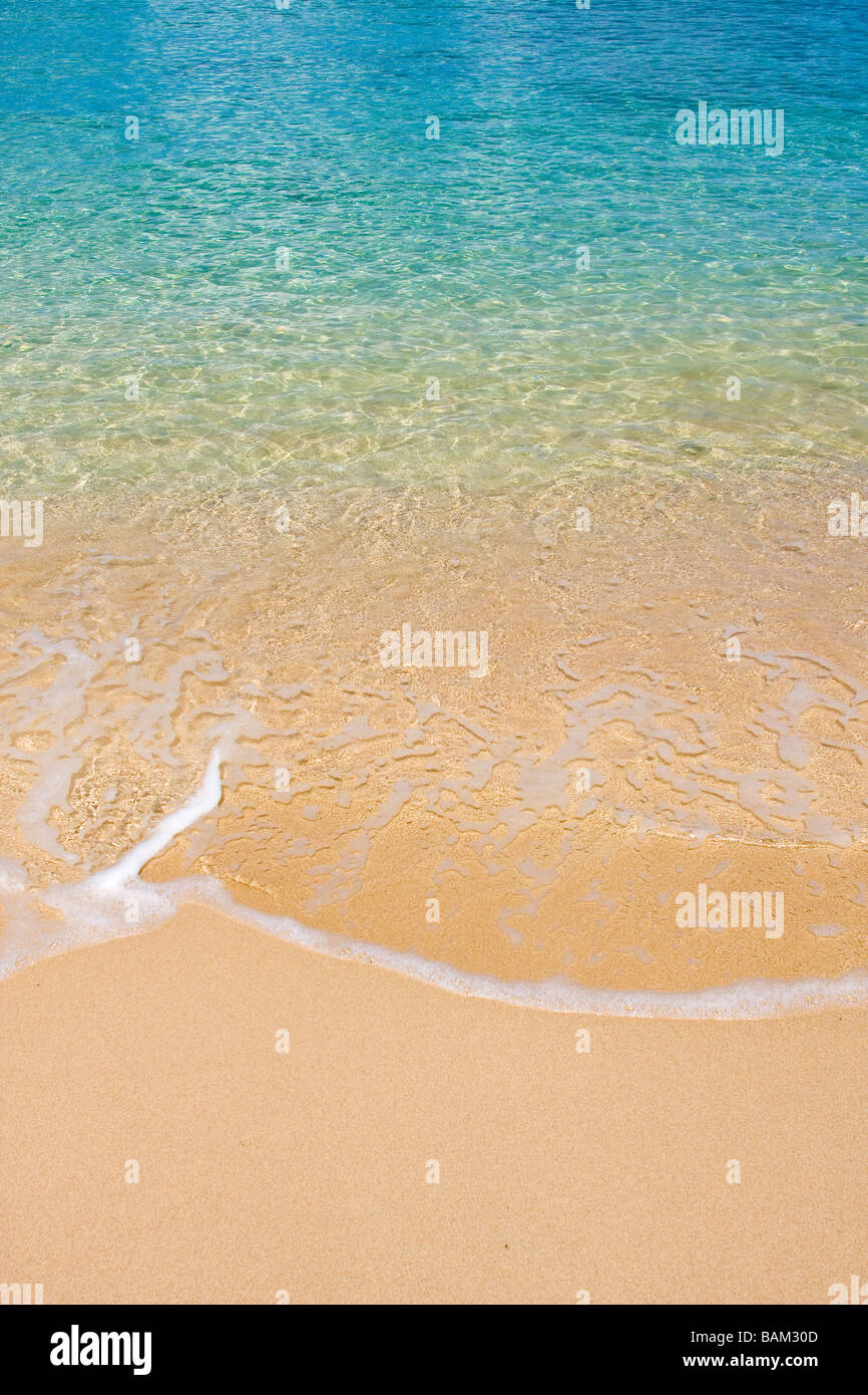 Close-up of Caribbean seashore, showing clear sea gently lapping up ...
