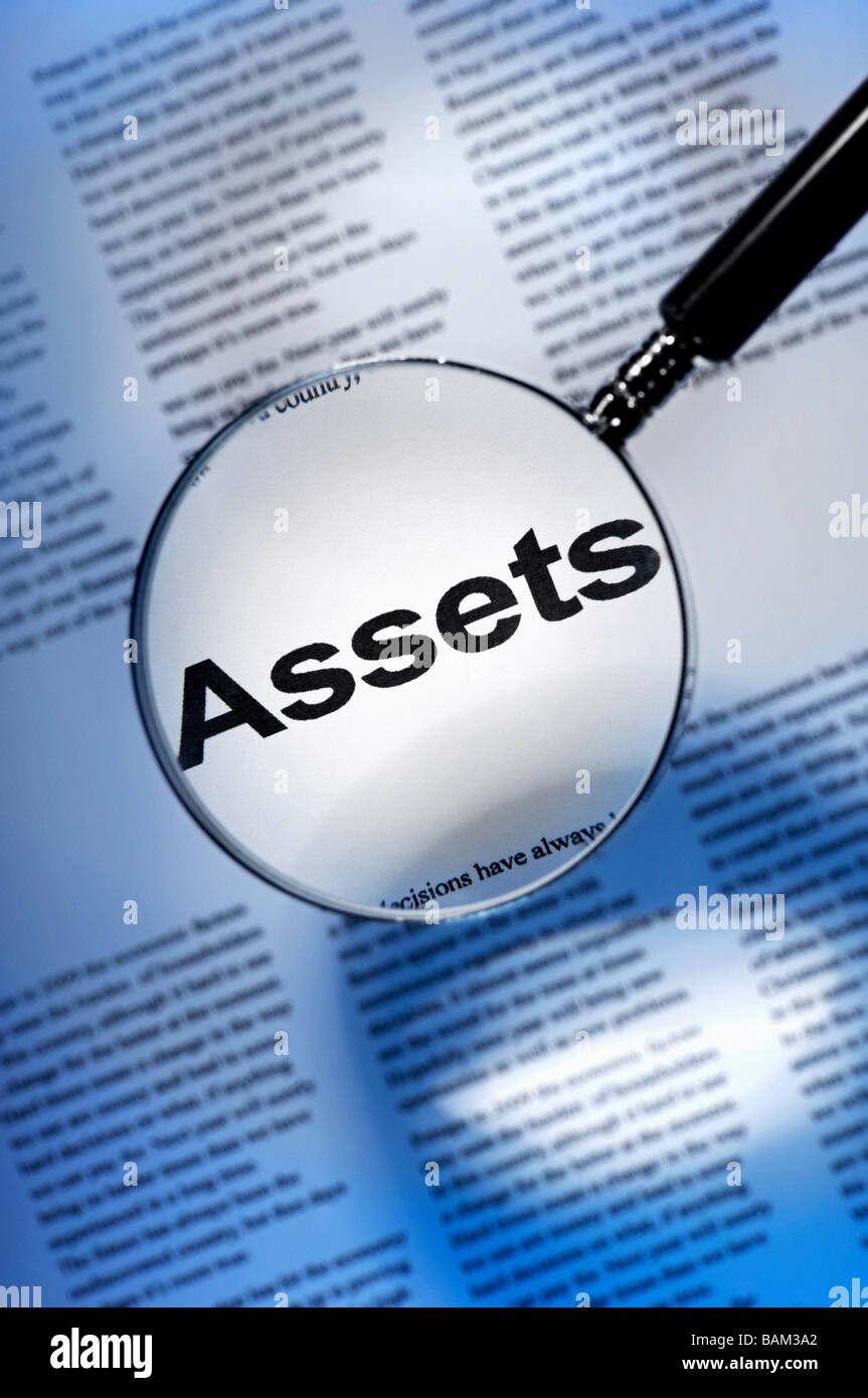 Word assets under magnifying glass Stock Photo - Alamy