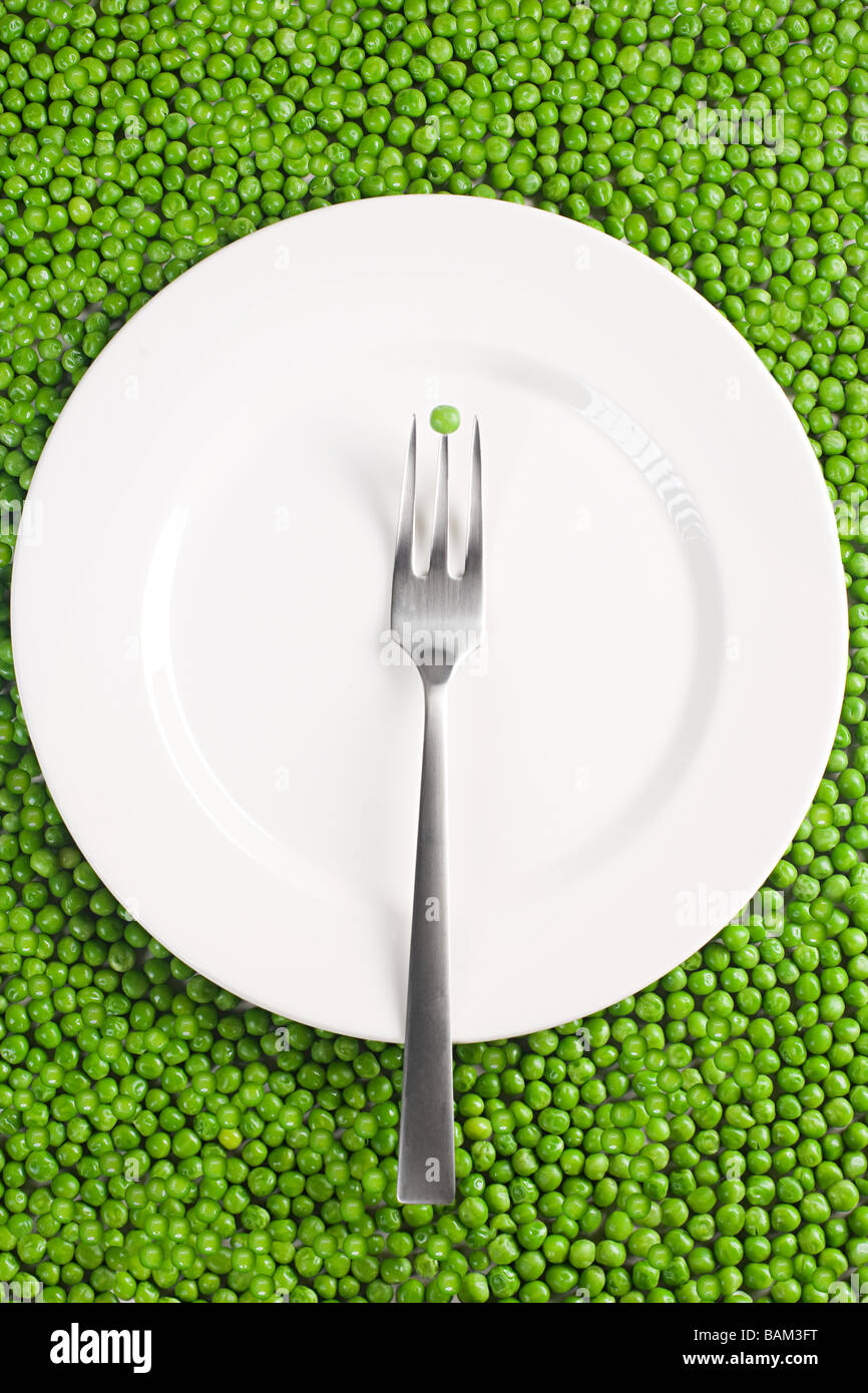 Fork and plate on a pea background Stock Photo - Alamy