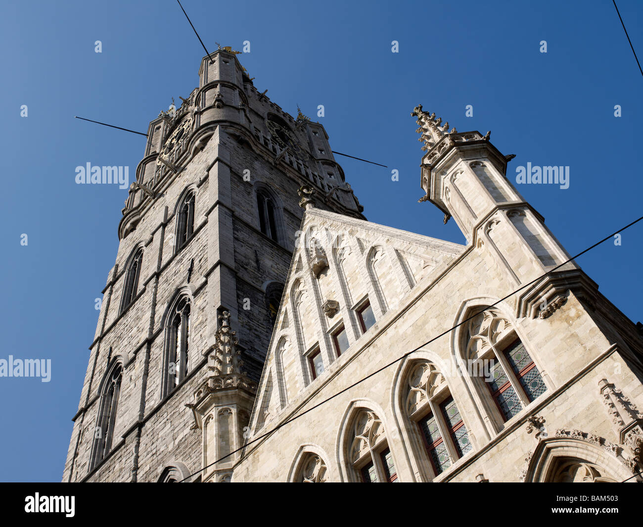 View to the tower of Belfort Belfry Stock Photo - Alamy
