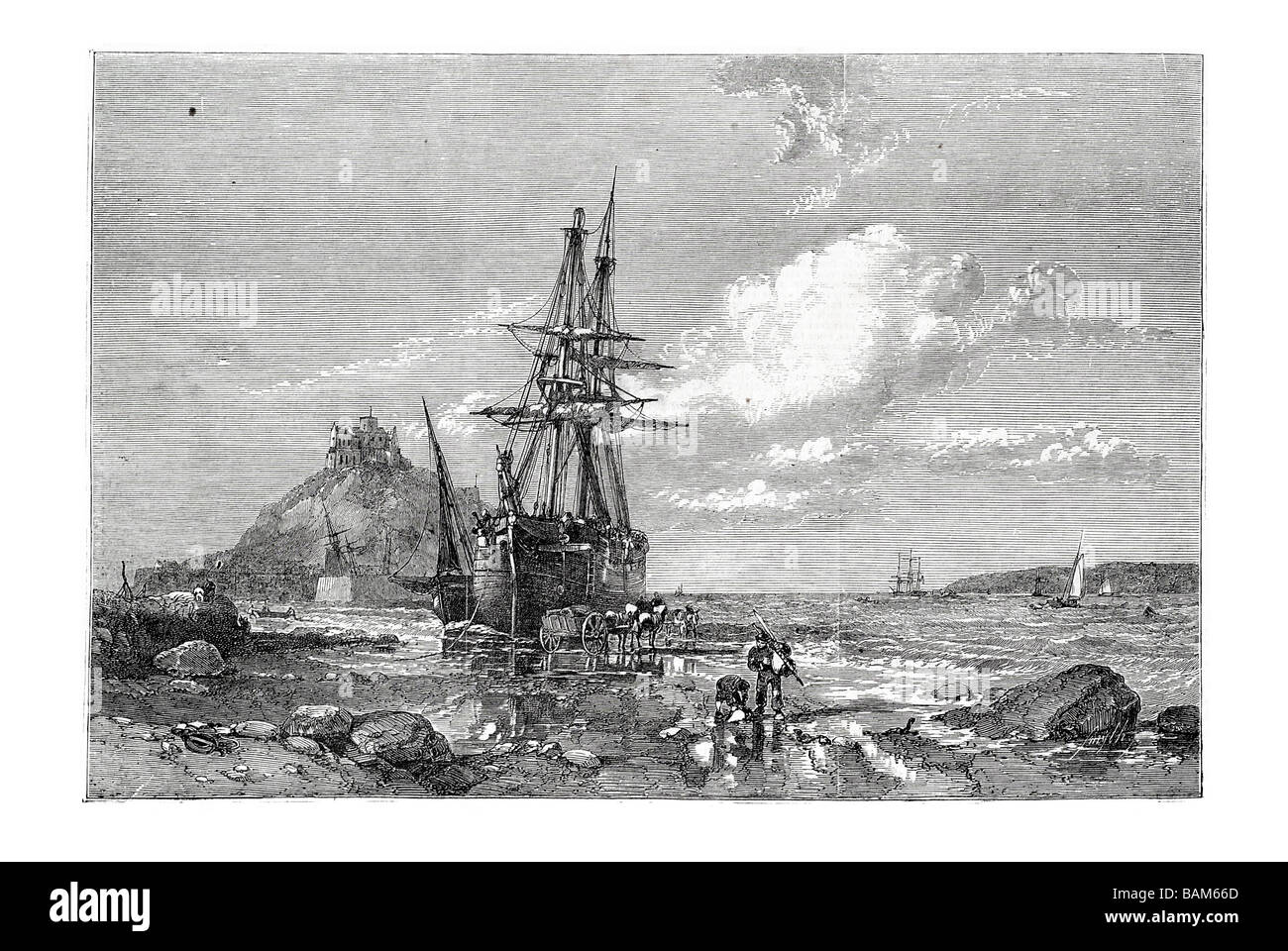 mount's bay by s p jackson 1854 ship sail mast rigged deck bow beached ...