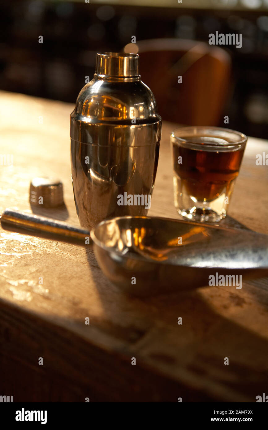 Alcoholic Drink And Metallic Flask Stock Photo - Alamy