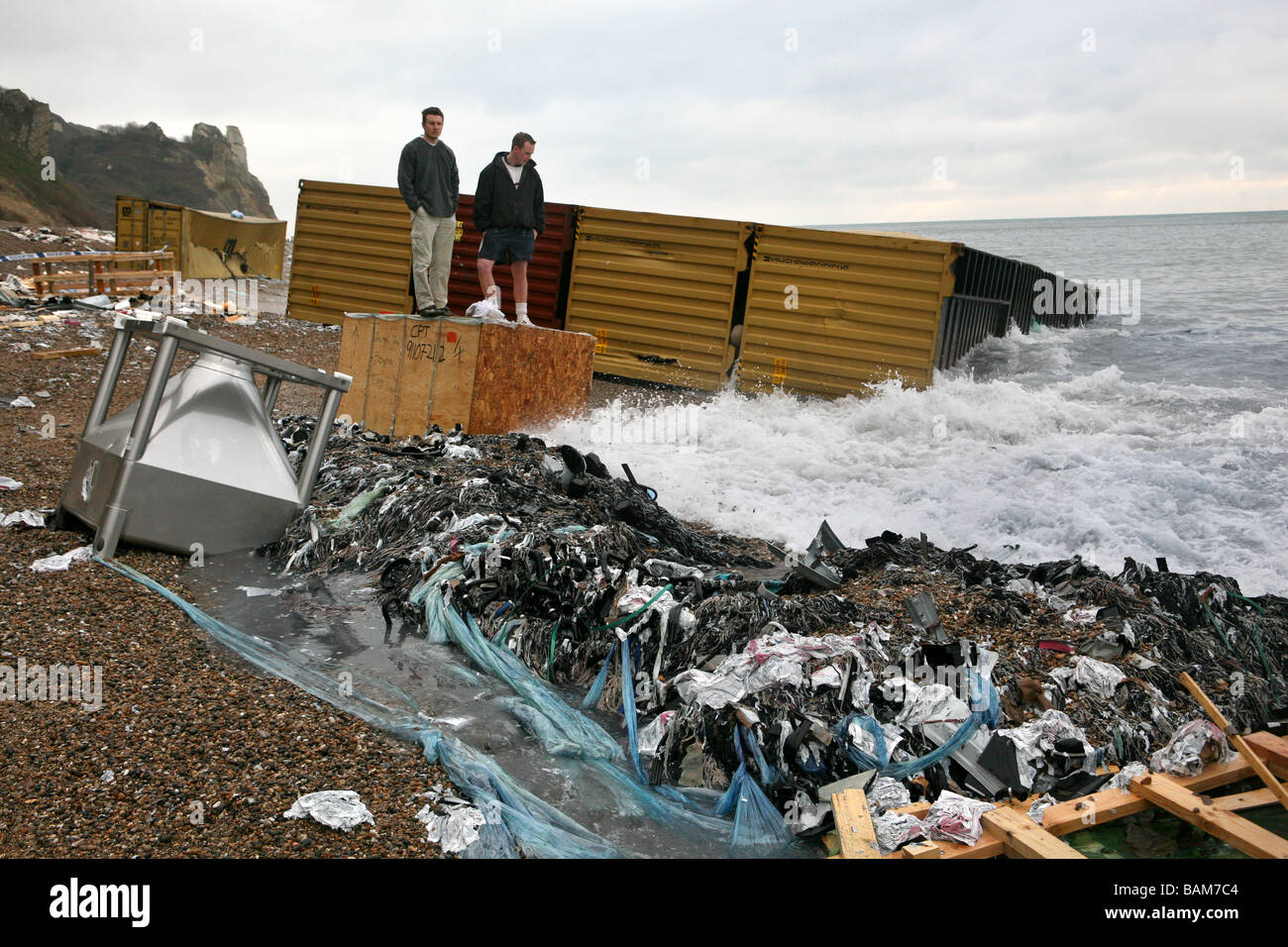 Branscombe Beach, Devon, after cargo washed up from the MSC Napoli ...