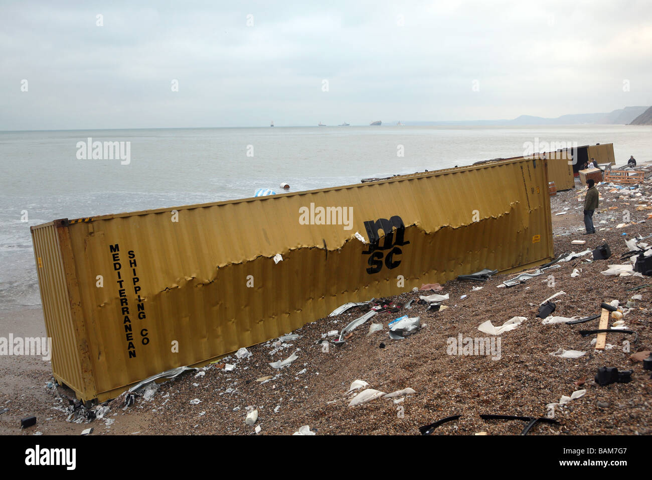 Branscombe Beach, Devon, after cargo washed up from the MSC Napoli ...