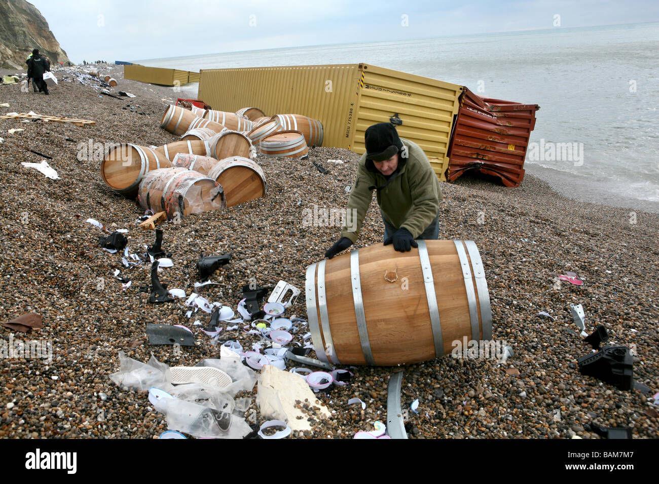 Branscombe Beach, Devon, after cargo washed up from the MSC Napoli ...