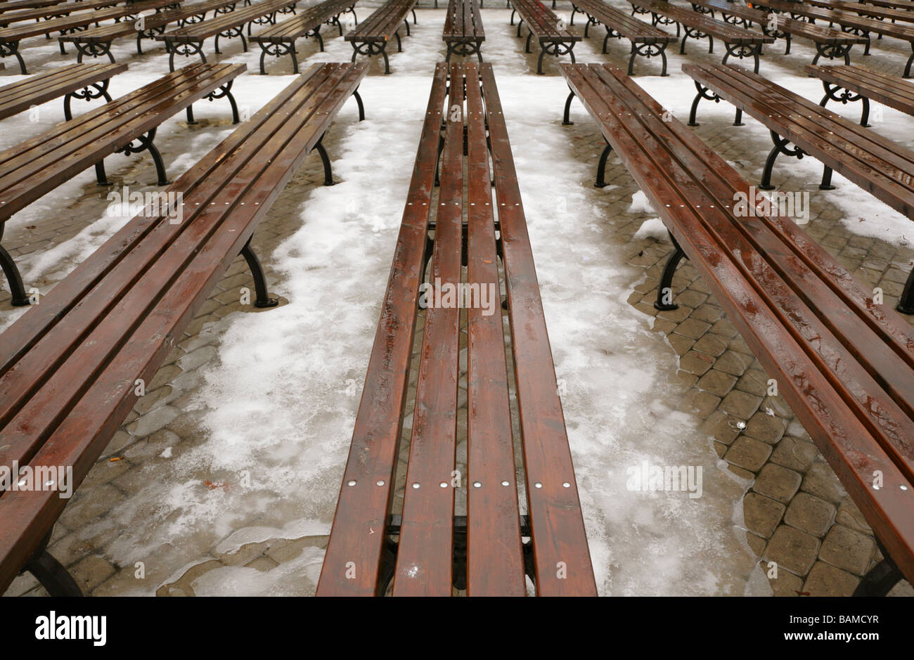 Rows of empty wooden benches in winter Stock Photo - Alamy