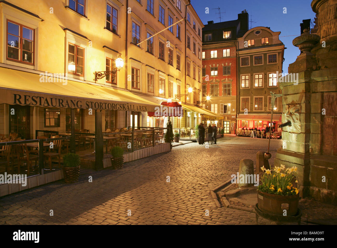 Restaurants in Stortorget square at dusk, Gamla Stan or Old Town ...