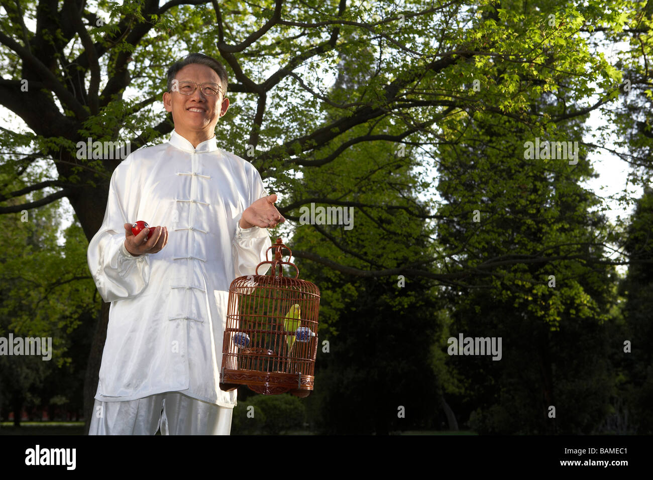 Traditionally Dressed Chinese Man With Zen Balls And A Bird In A Cage ...