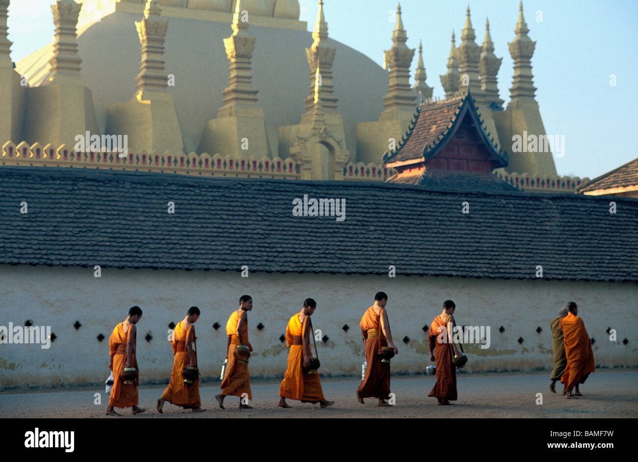Laos, Vientiane, Pha That Luang Stupa, Buddhist monks group Stock Photo ...
