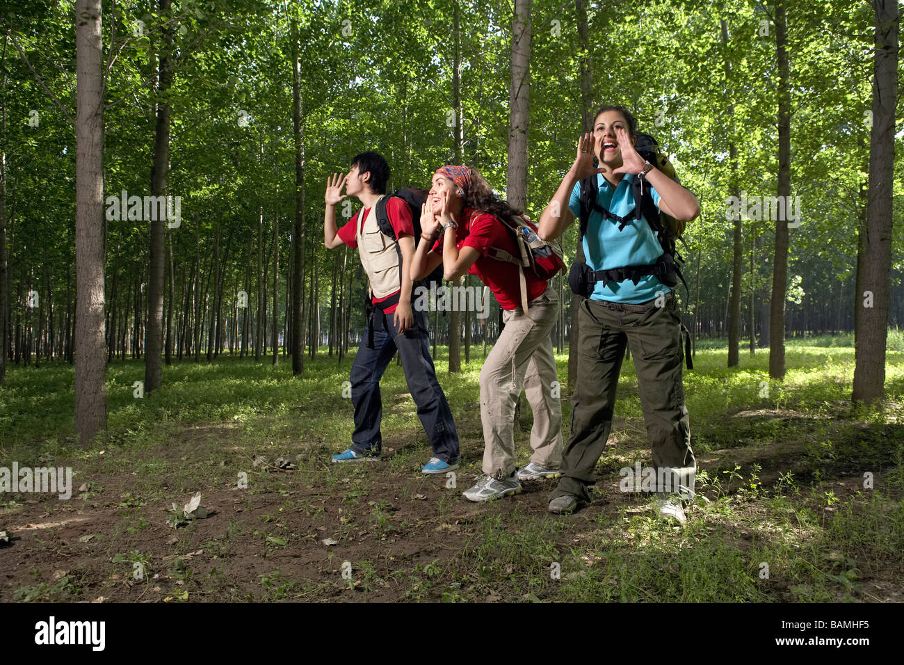 Young People Shouting For Help In Forest Stock Photo - Alamy