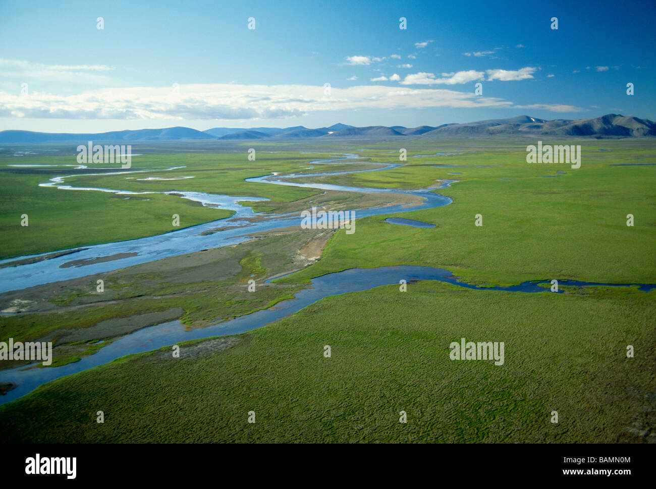 AERIAL VIEW OF THE ARCTIC TUNDRA RIVER BETWEEN PROVIDENIYA EGVEKINOT MAGADAN REGION FORMER USSR ...