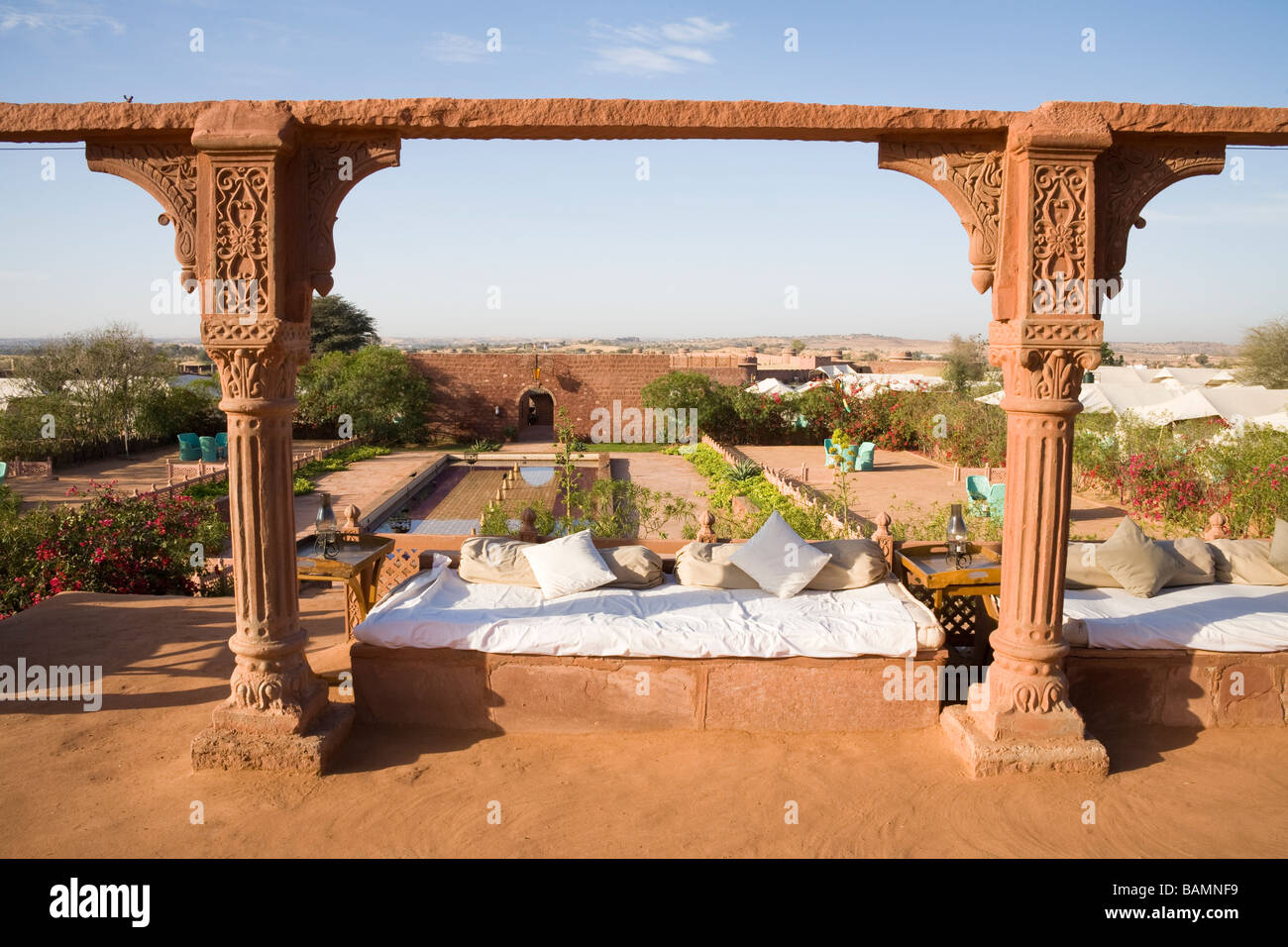 View of the terrace and garden at Osian Camel Camp, Osian, Rajasthan ...