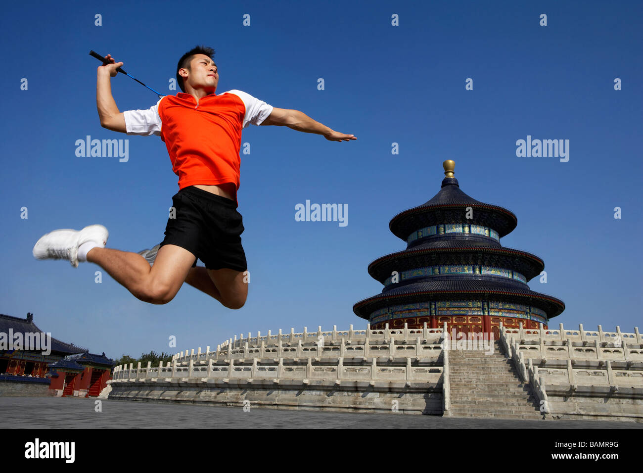Portrait Of Badminton Player In Front Of Temple Stock Photo - Alamy