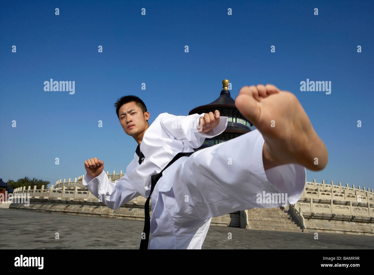 Portrait Of Young Male Martial Artist In Front Of Temple Stock Photo ...