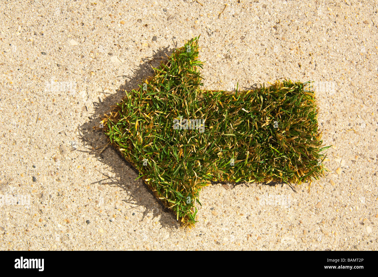 Green arrow made from turf on concrete walkway Stock Photo - Alamy