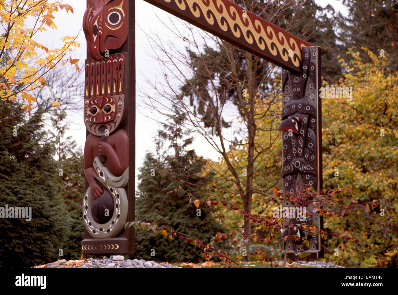 Coast Salish Carved Totem Gateway in Autumn at Brockton Point in ...