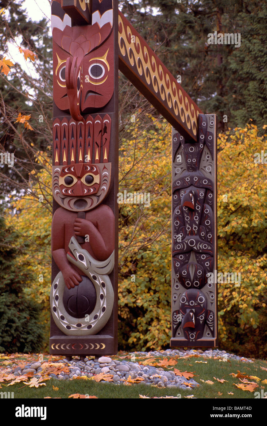 Coast Salish Carved Totem Gateway in Autumn at Brockton Point in ...