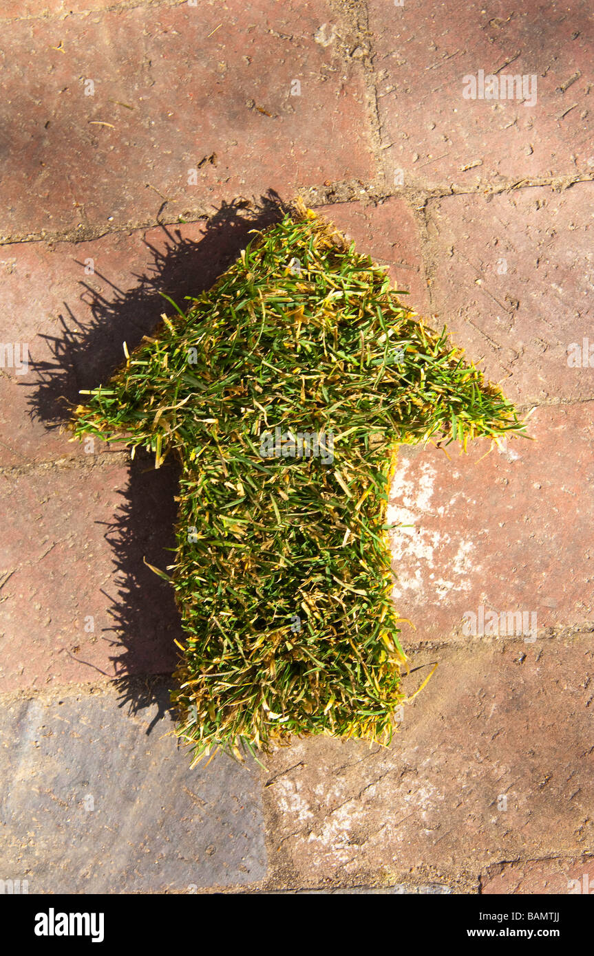 Green arrow made from turf on brick walkway Stock Photo - Alamy