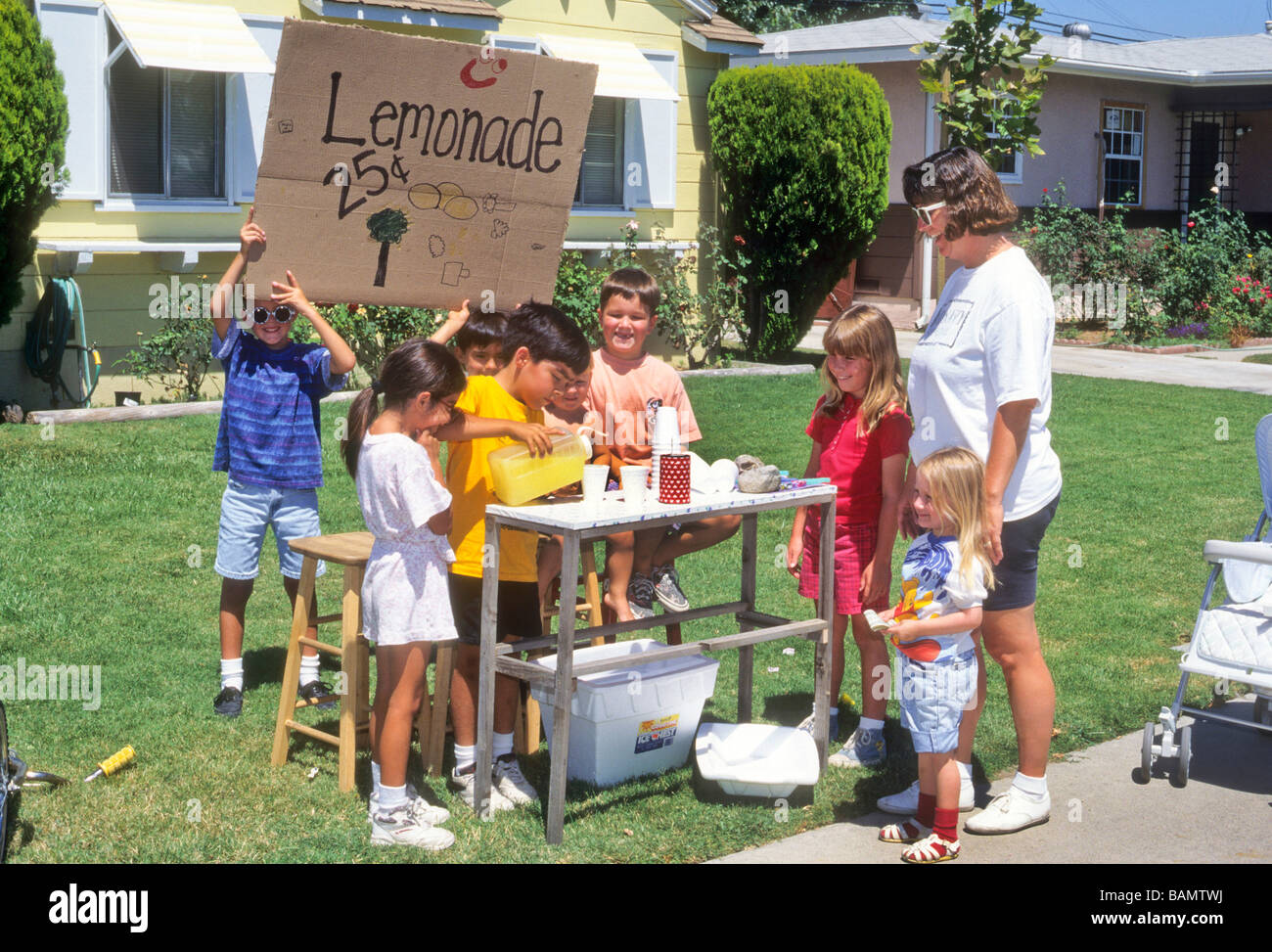 Group children lemonade stand sell drink beverage cup raise fund money ...