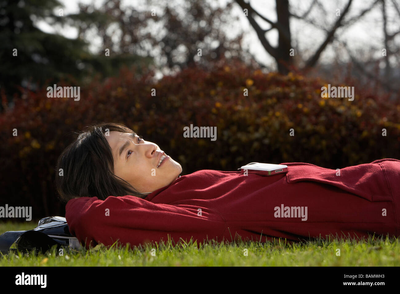Young Man Laying In A Park Stock Photo - Alamy