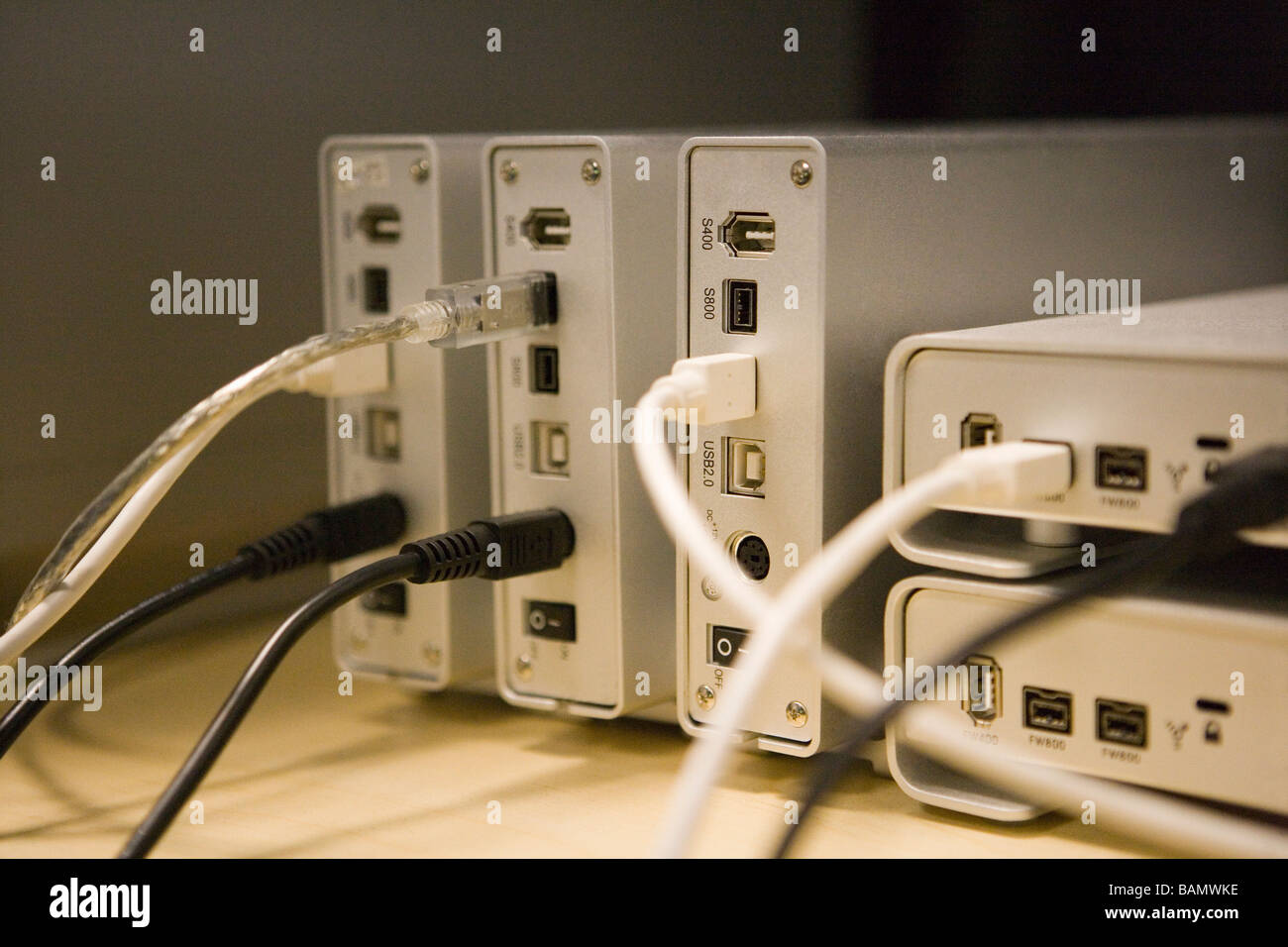 Rear View Of Computer With Cords Stock Photo - Alamy