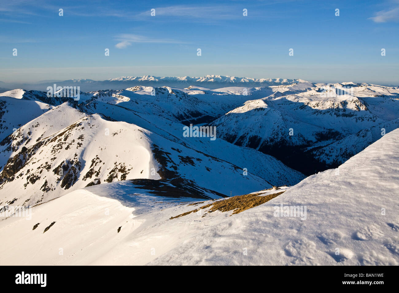 winter scenery, view from Mussala peak, Rila mountain, the highest ...