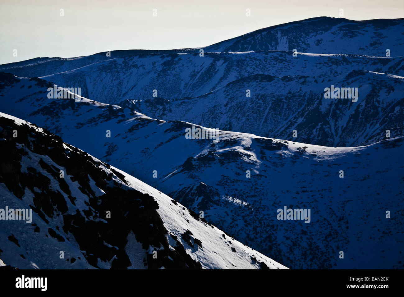 Winter mountainous scenery viewed from Mussala peak, Rila mountain, the ...