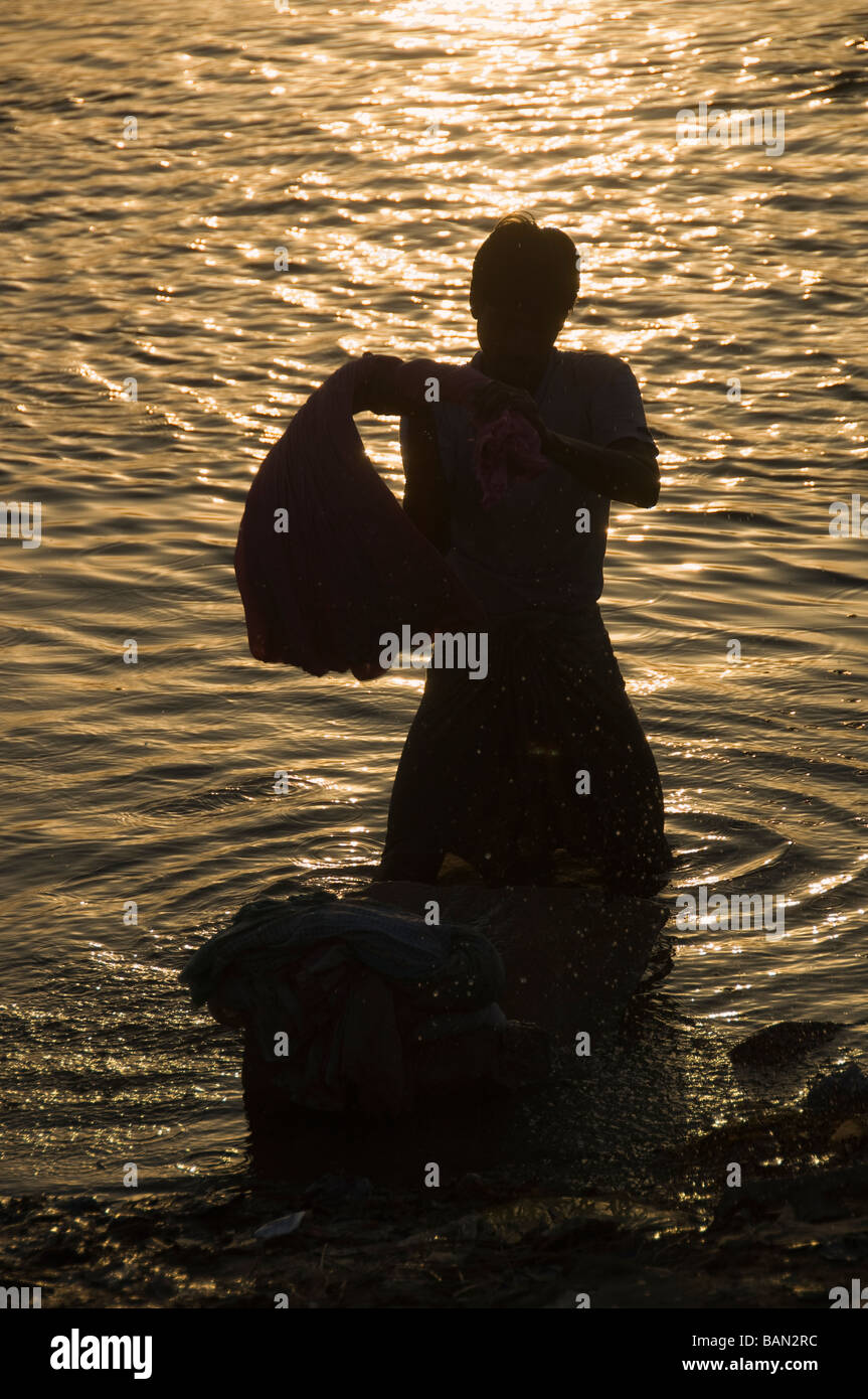 Indian Man washing clothes in the Gange Varanasi Benares Uttar Pradesh ...