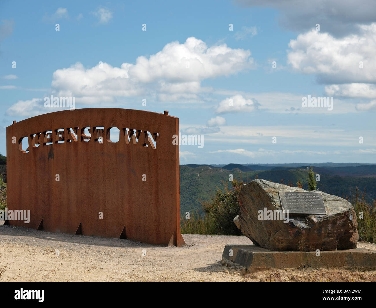QUEENSTOWN, A ROADSIDE SIGN MADE FROM STEEL PLATE TASMANIA AUSTRALIA ...