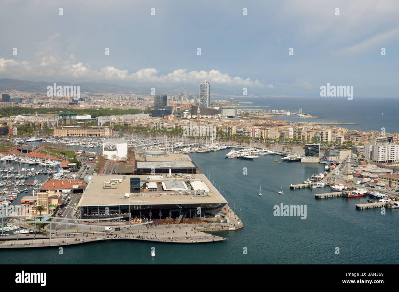 Aerial view over Port Vell - the old harbour district in Barcelona ...