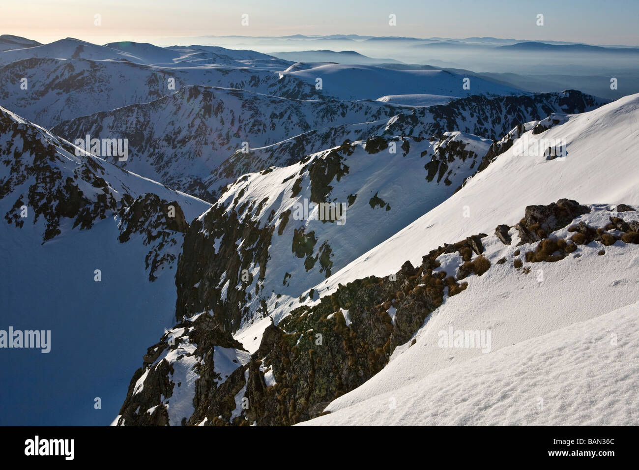 Winter mountain ridge, view from Mussala peak, Rila mountain, the ...