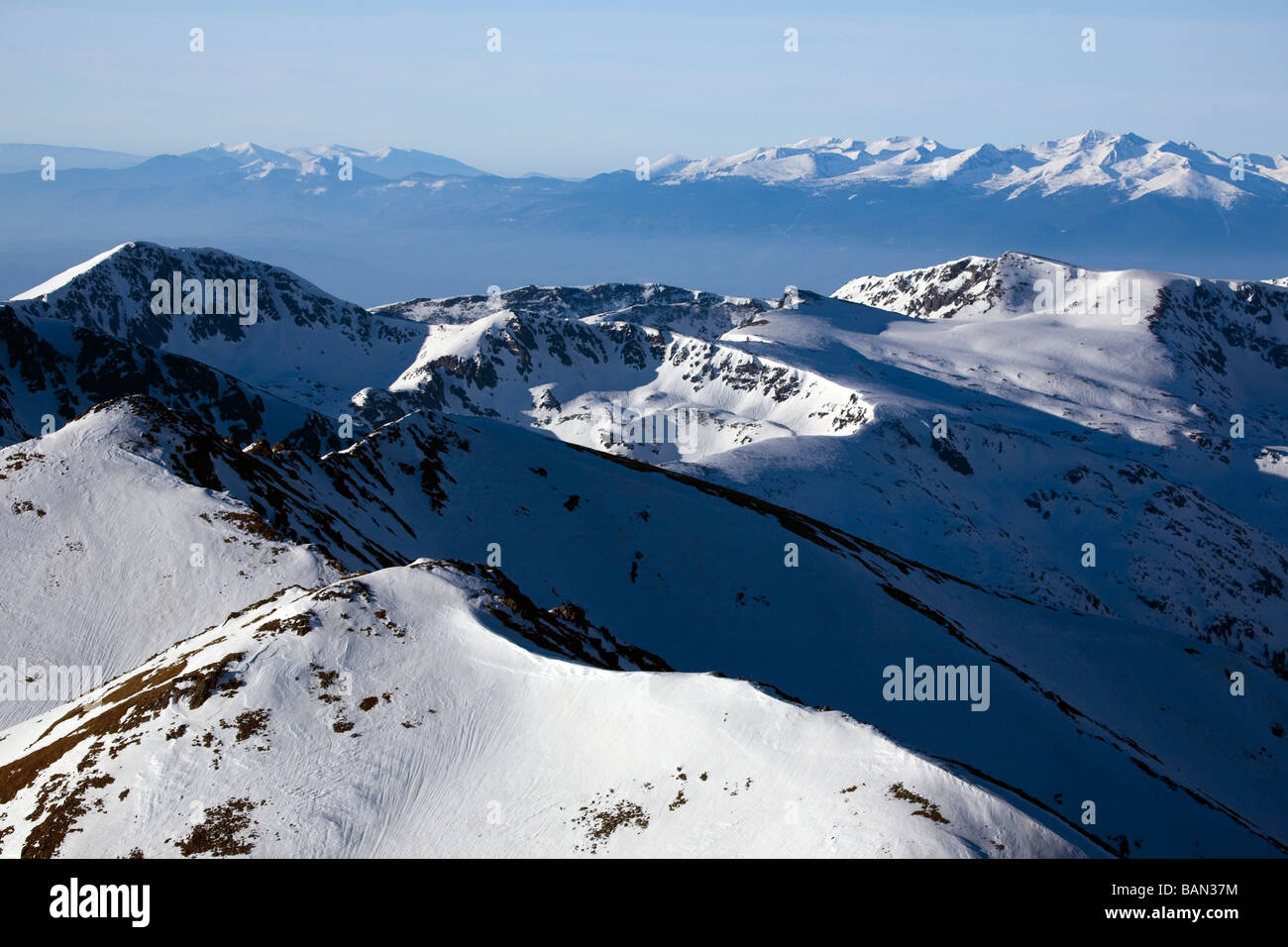 winter scenery, view from Mussala peak, Rila mountain, the highest ...