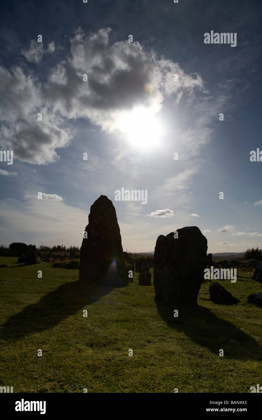 sun shining and casting shadows on standing stones at Beaghmore Stone ...