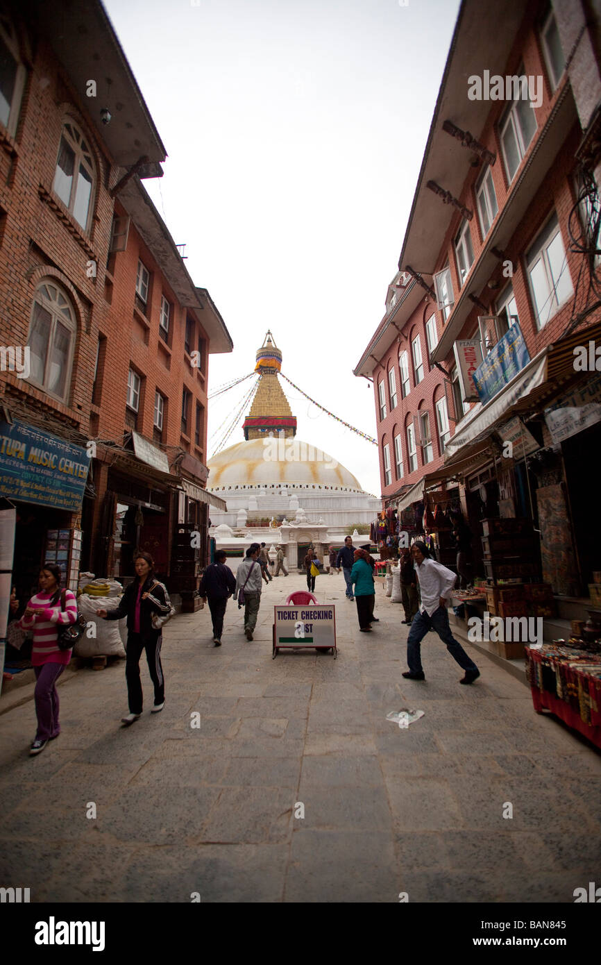 Street near Boudhanath Bouddhanath, Bodhnath or Baudhanath stupa temple ...