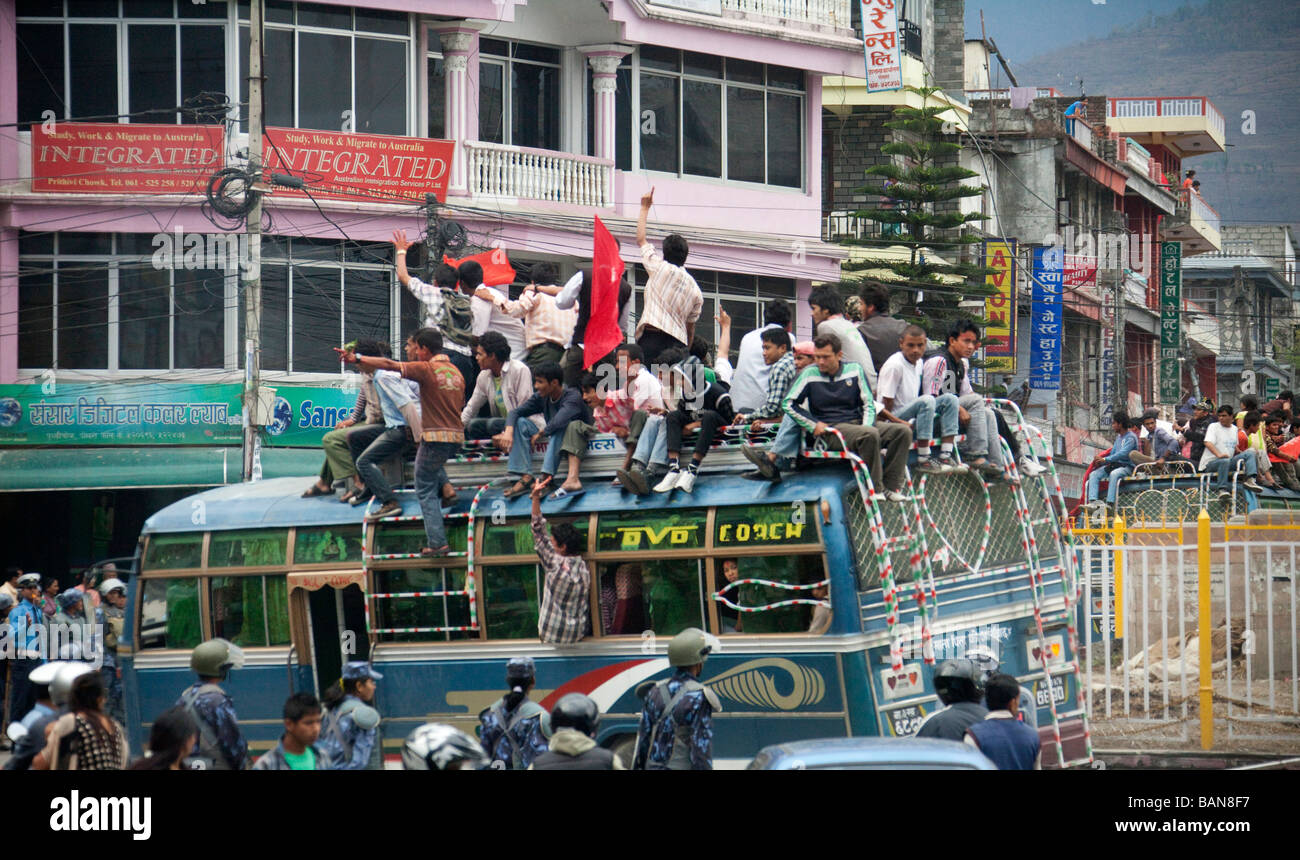 People on bus demonstrating in Kathmandu Nepal for comunist party ...