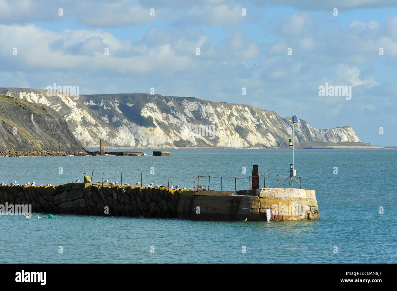 View towards the White Cliffs of Dover from Folkestone harbour in Kent ...