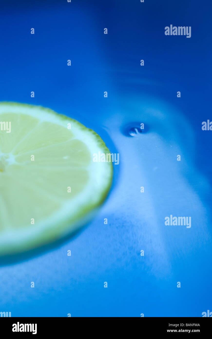 Lemon slice floating on blue water background Stock Photo - Alamy