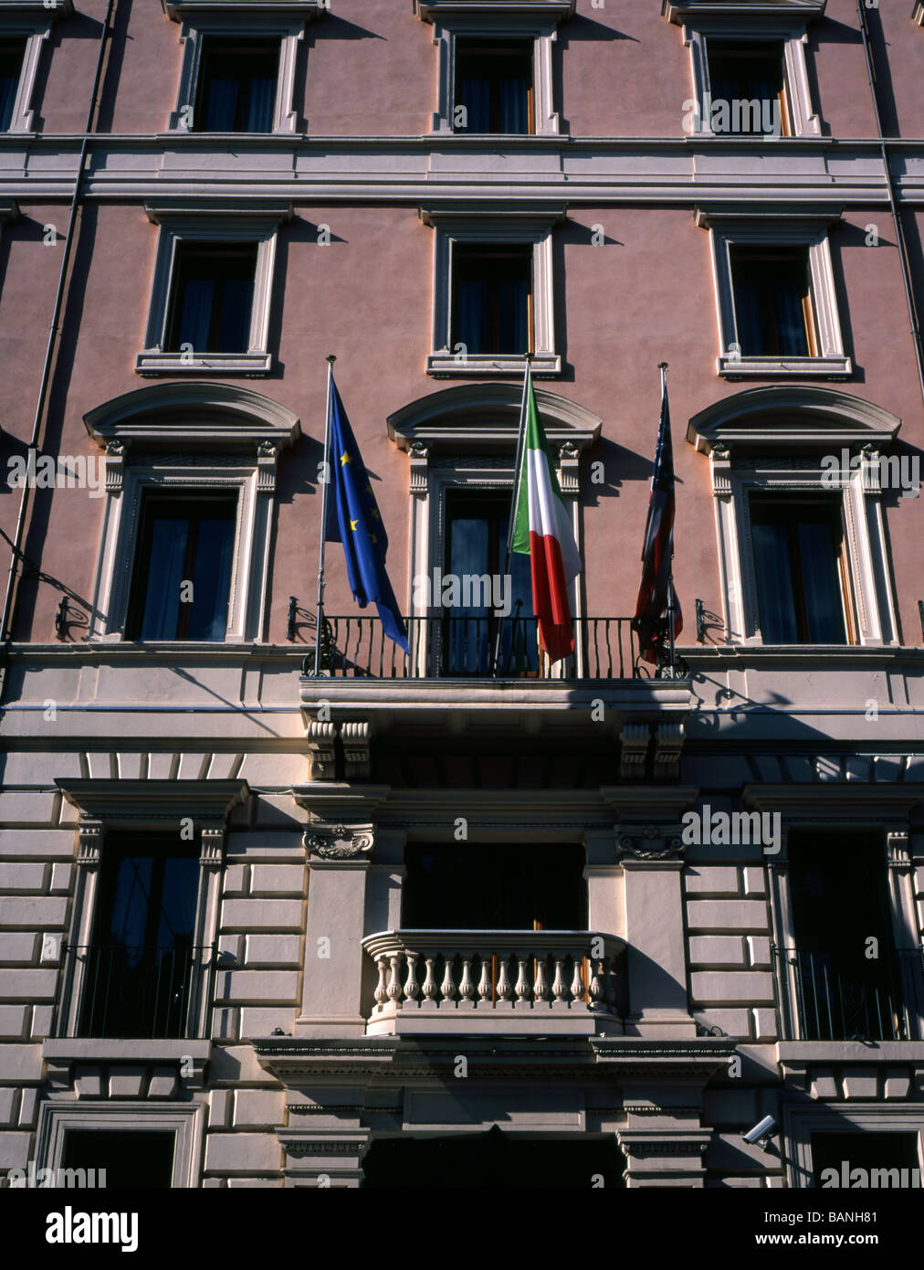 European Union,Italian and United States flags, flying from an office ...