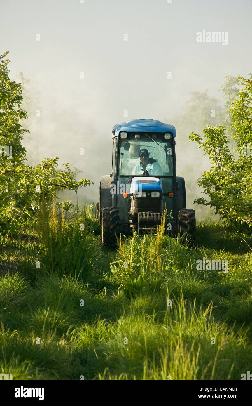 Farmer operating tractor with attached spray rig applying pesticide ...