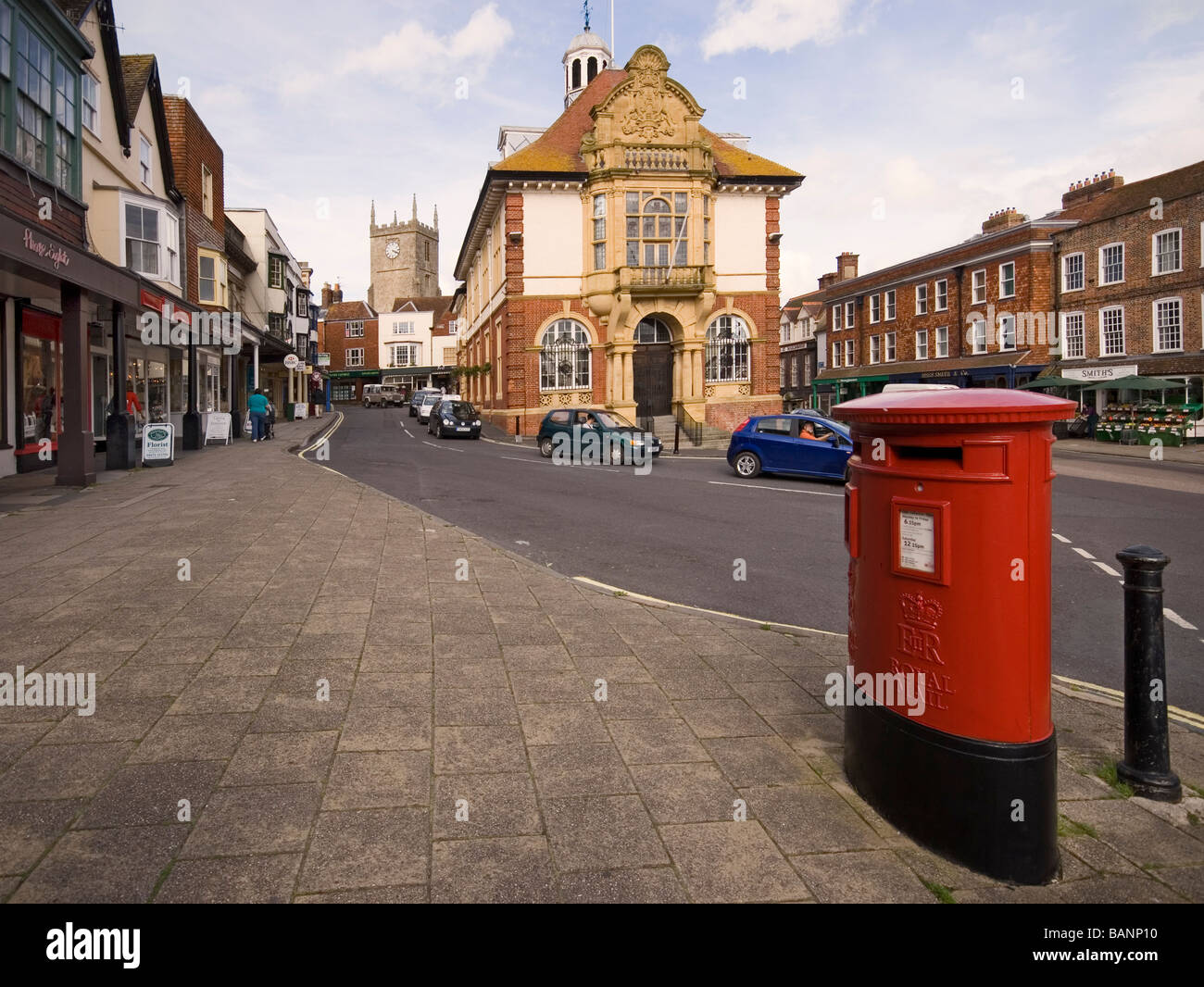 View of the old town hall and main street of Marlborough in Wiltshire ...