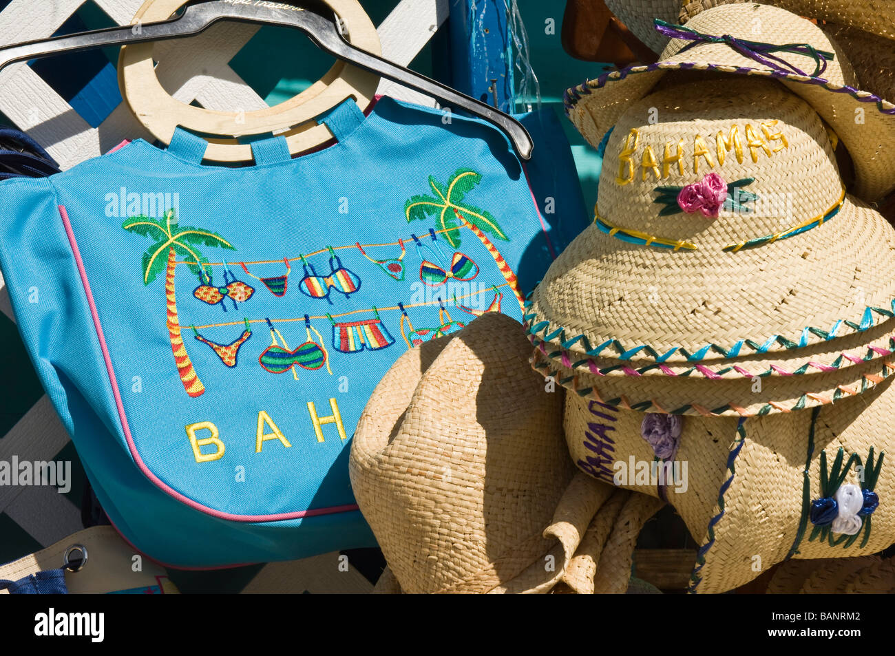 Souvenirs in local straw craft market, freeport, grand bahama, bahamas ...