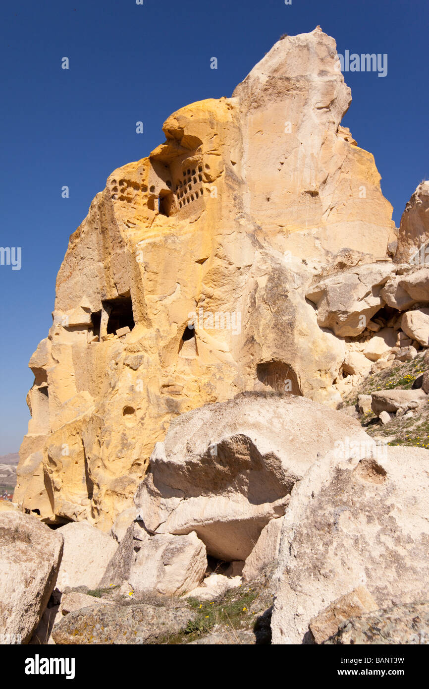 Abandoned homes carves in the limestone at Cappadocia Turkey Stock ...