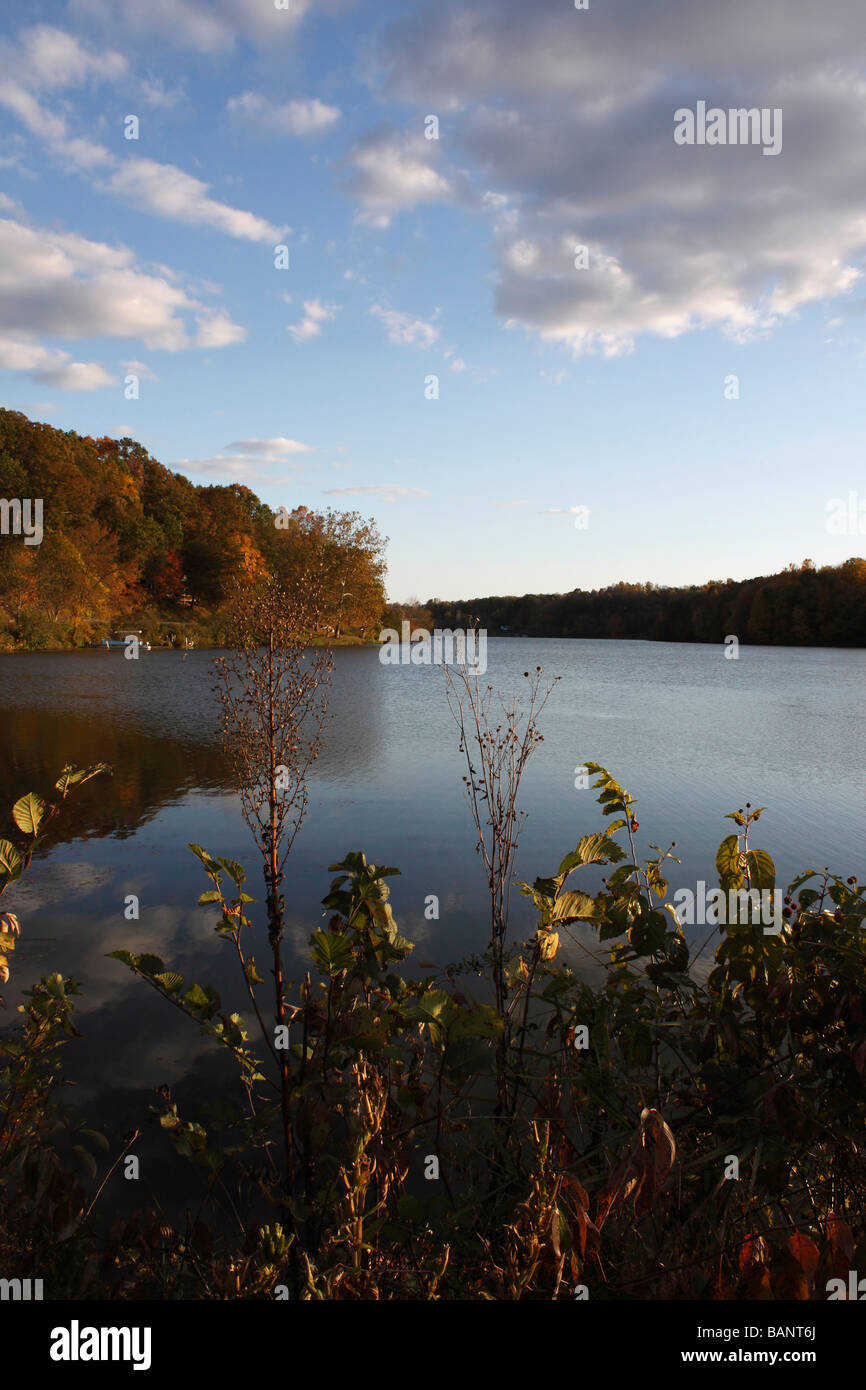 Lake Logan Hocking Hills Ohio OH beautiful Autumn landscape from above ...