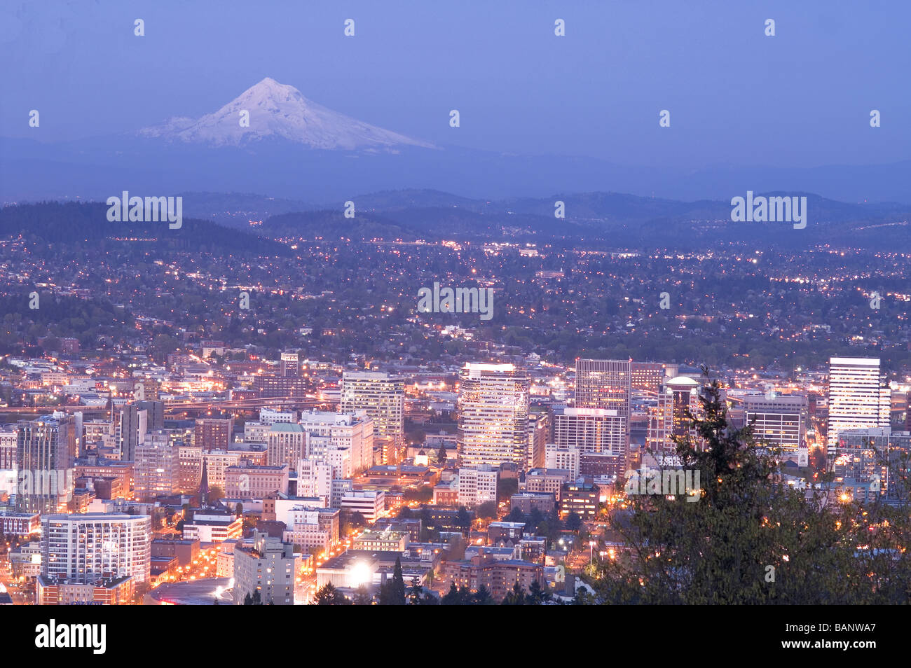 The Landmarks of Mt Hood and Portland Oregon seen from the hilltop in ...