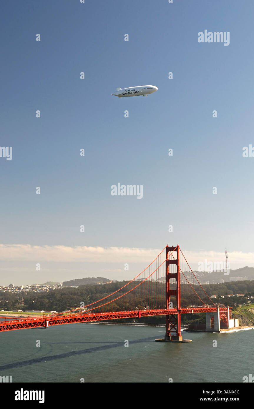 The golden gate bridge san francisco with an airship blimp flying ...