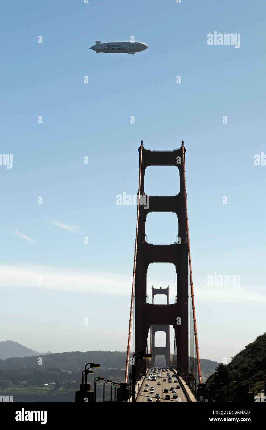 The golden gate bridge san francisco with an airship blimp flying ...