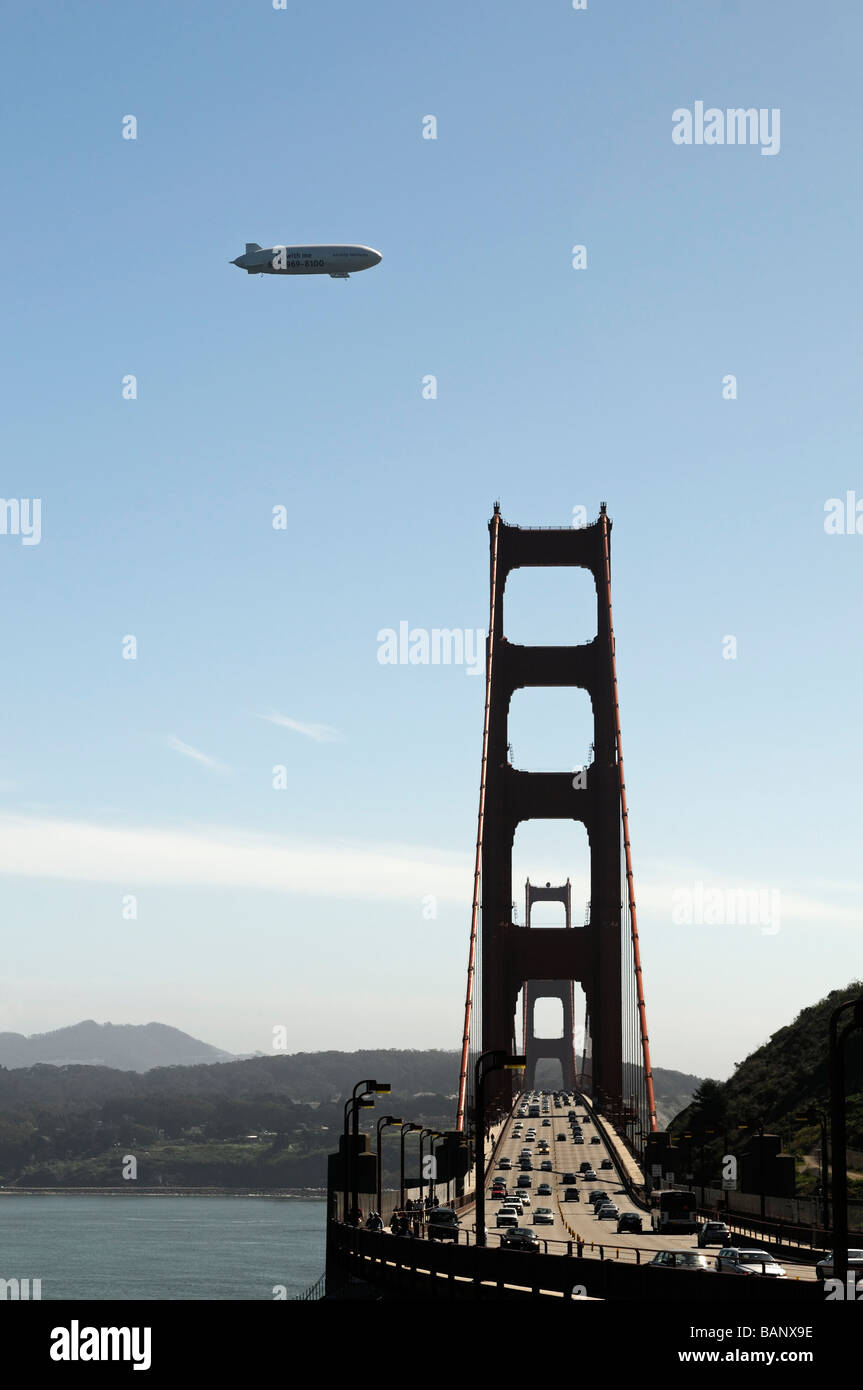The golden gate bridge san francisco with an airship blimp flying ...