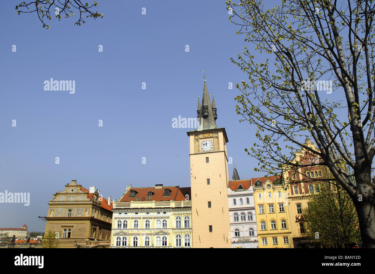 Architectural details in Prague in the Czech Republic Tower down by the ...